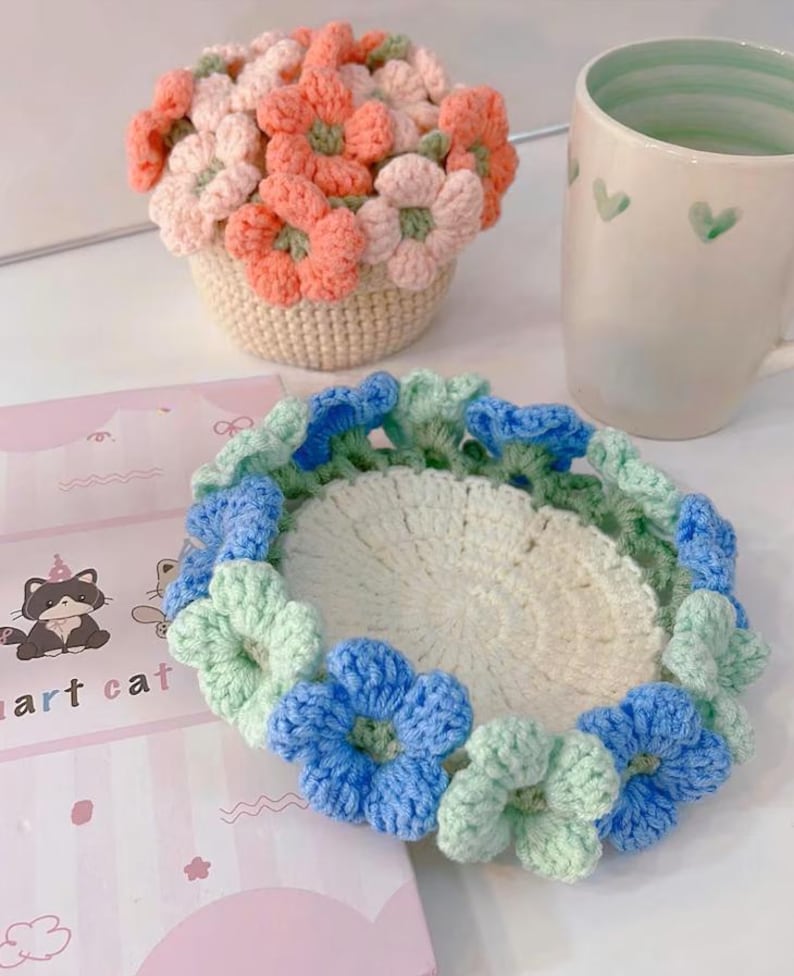 Crochet Coaster, Crochet Flower Coaster, Handmade Round Flower Cup ...