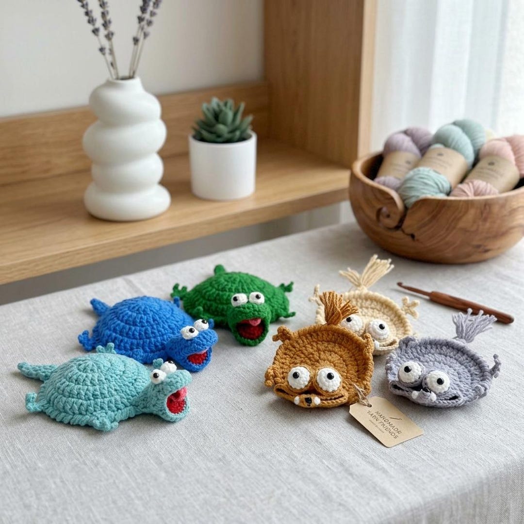Funny Crochet Animal Coasters-squirrel, Mouse, Turtle, Lizard, Frog ...