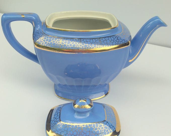 Vintage Hall Pottery 6 Cup Teapot,1930s #0109 Blue Gold Design USA ...