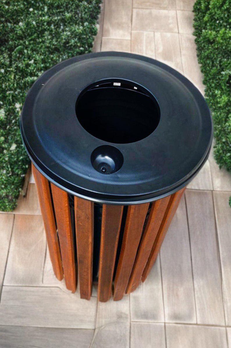 Wood and Metal Garden Trash Can, Outdoor Wood Garbage Bin, Garden ...