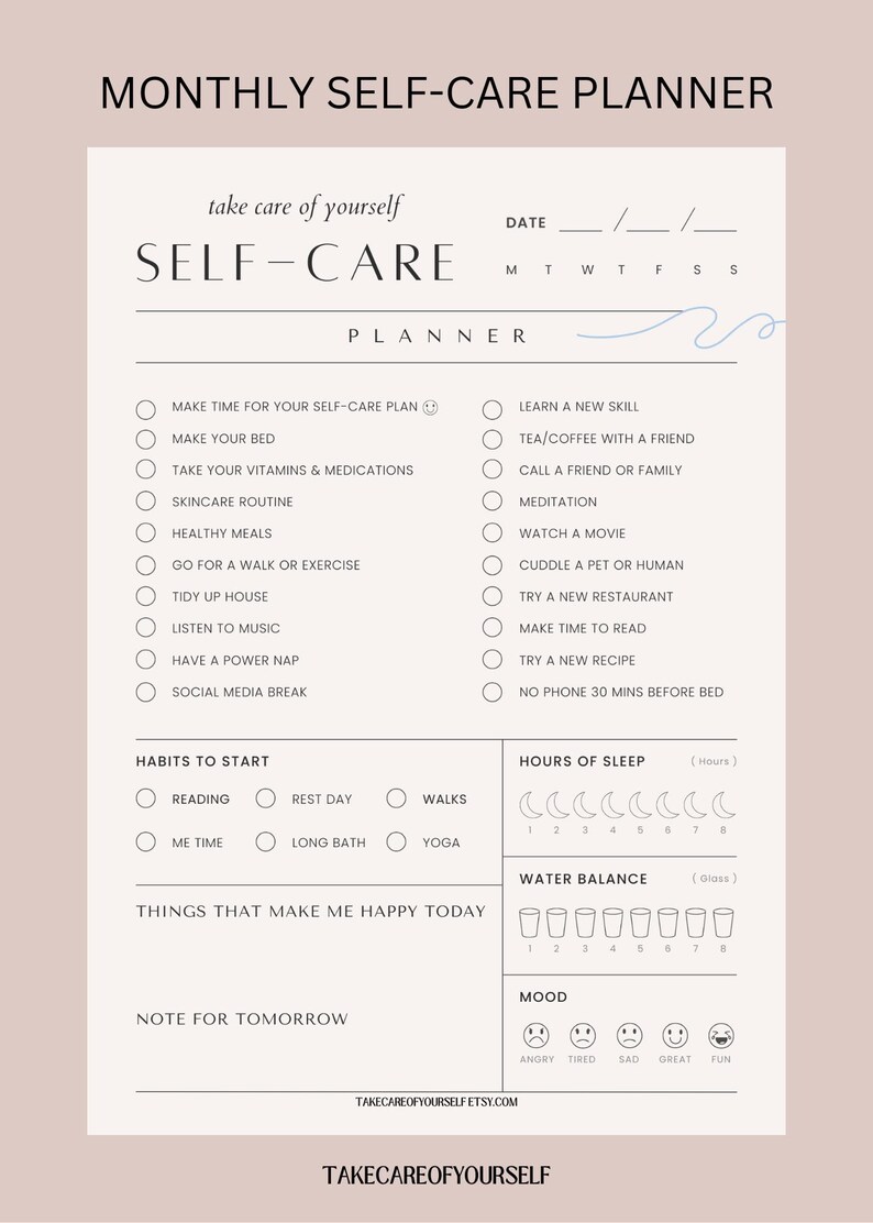 Self-care Planner, Self-care Template, Self-care Habits, Self-care ...