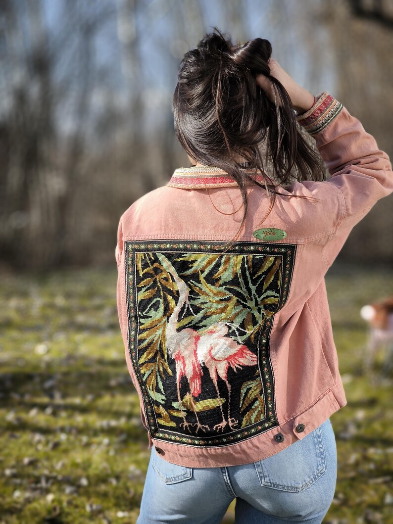 Embroidered Denim Jacket: Upcycled Tapestry, Flamingo Design, Size 2XL ...