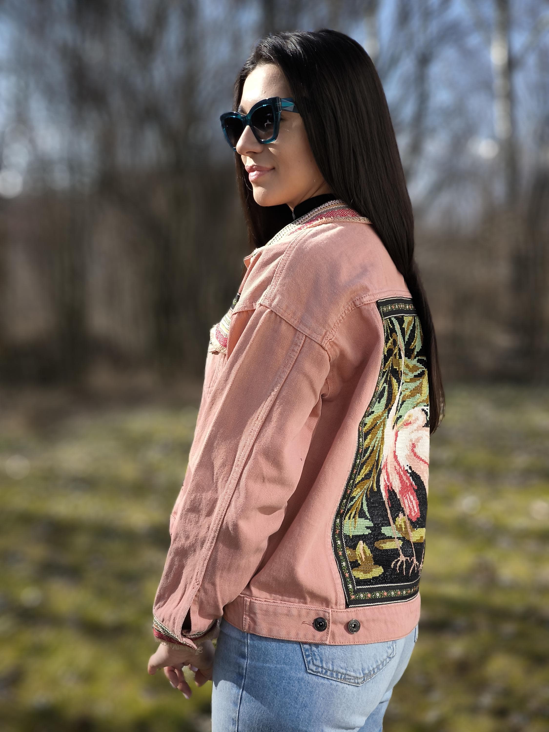 Embroidered Denim Jacket: Upcycled Tapestry, Flamingo Design, Size 2XL ...