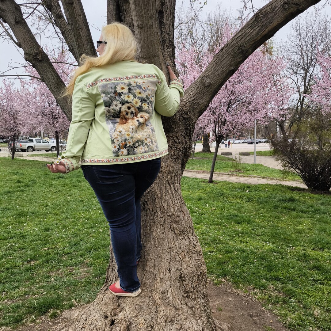 Plus Size Embroidered Denim Jacket: Upcycled Tapestry, Vintage Puppy ...