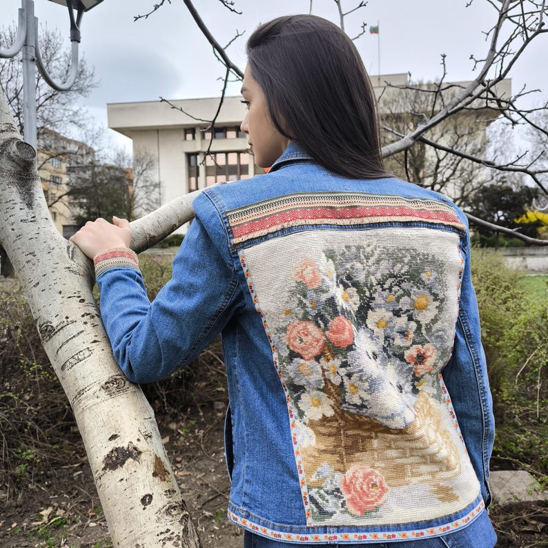 Upcycled Denim Jacket: Vintage Tapestry Embroidery, Boho Patchwork Coat ...