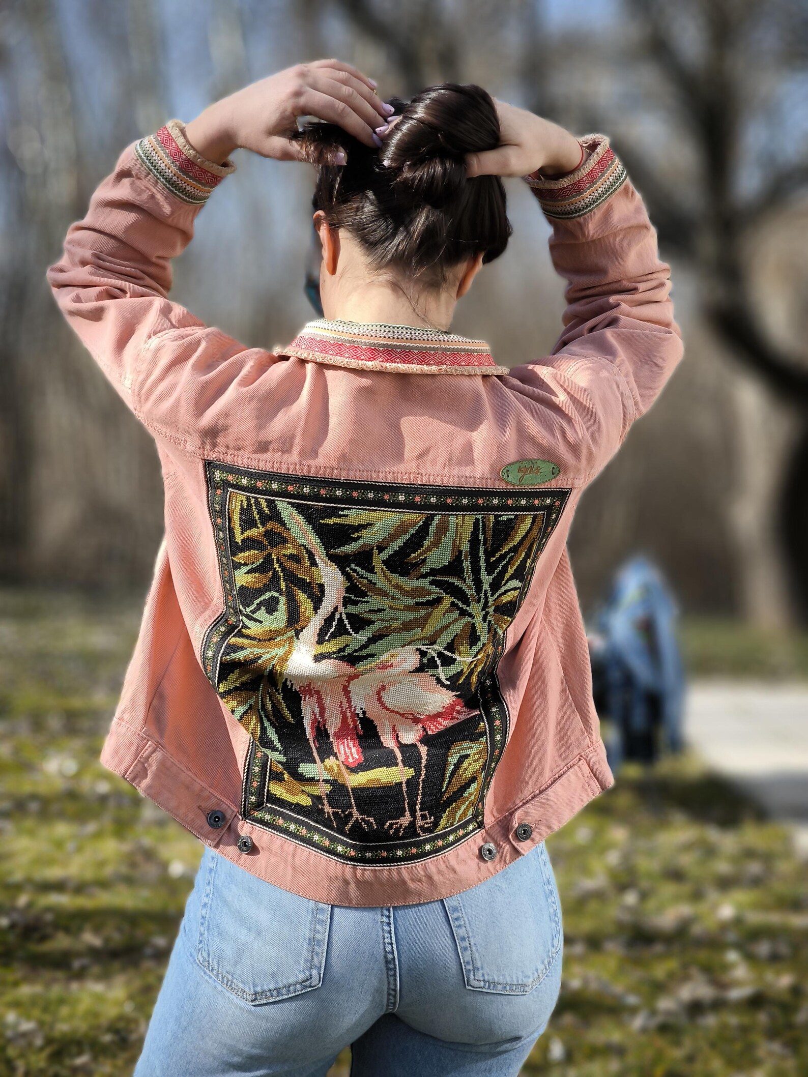 Embroidered Denim Jacket: Upcycled Tapestry, Flamingo Design, Size 2XL ...