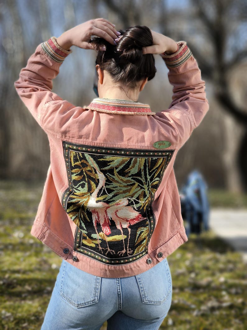 Embroidered Denim Jacket: Upcycled Tapestry, Flamingo Design, Size 2XL ...