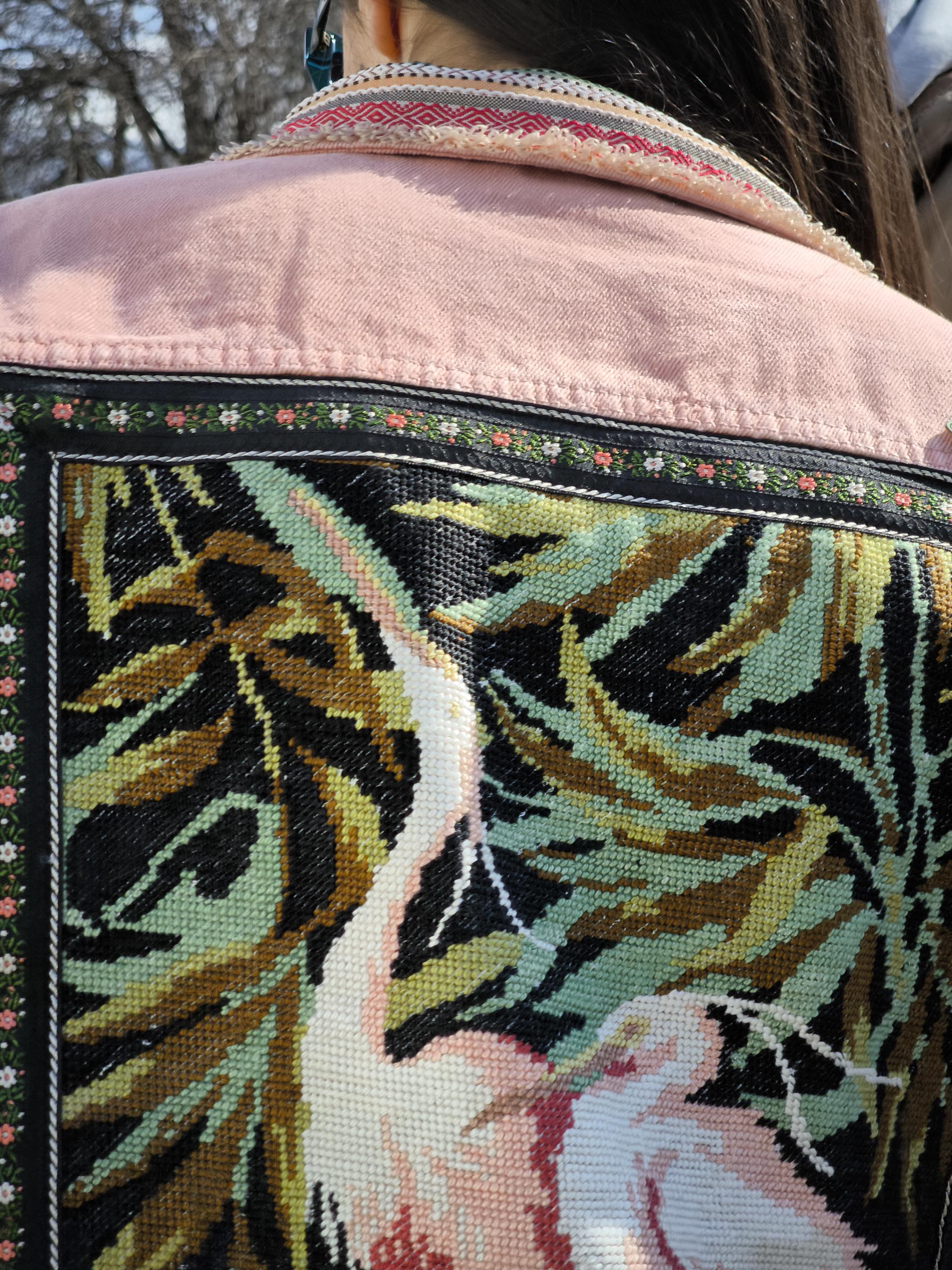 Embroidered Denim Jacket: Upcycled Tapestry, Flamingo Design, Size 2XL ...