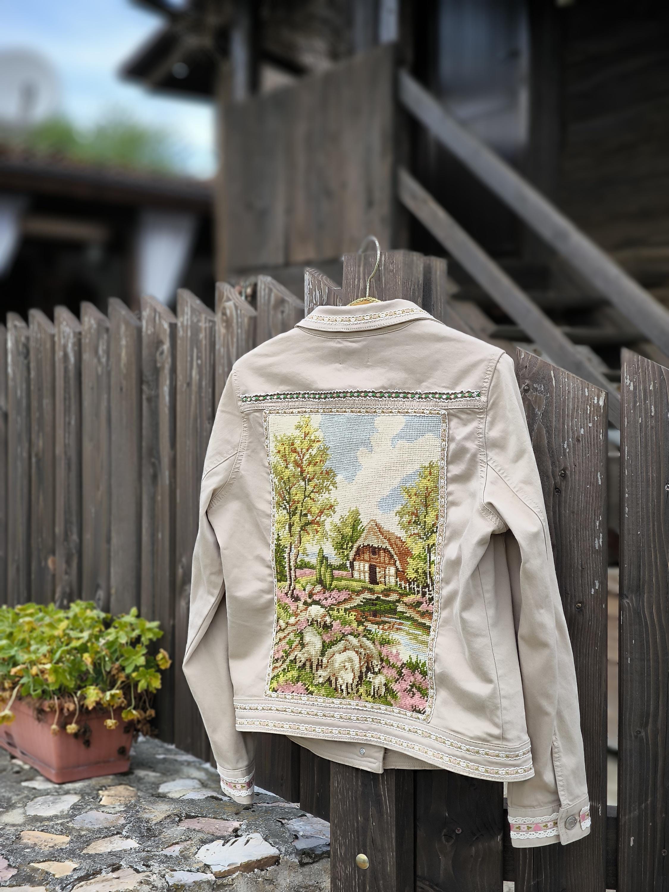 Vintage Embroidered Denim Jacket: Upcycled Tapestry Landscape, Size M ...