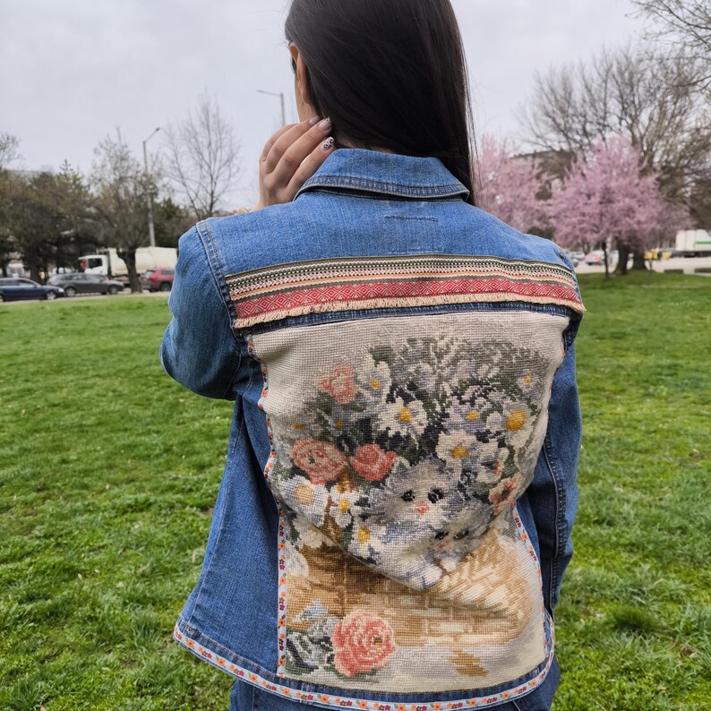 Upcycled Denim Jacket: Vintage Tapestry Embroidery, Boho Patchwork Coat ...