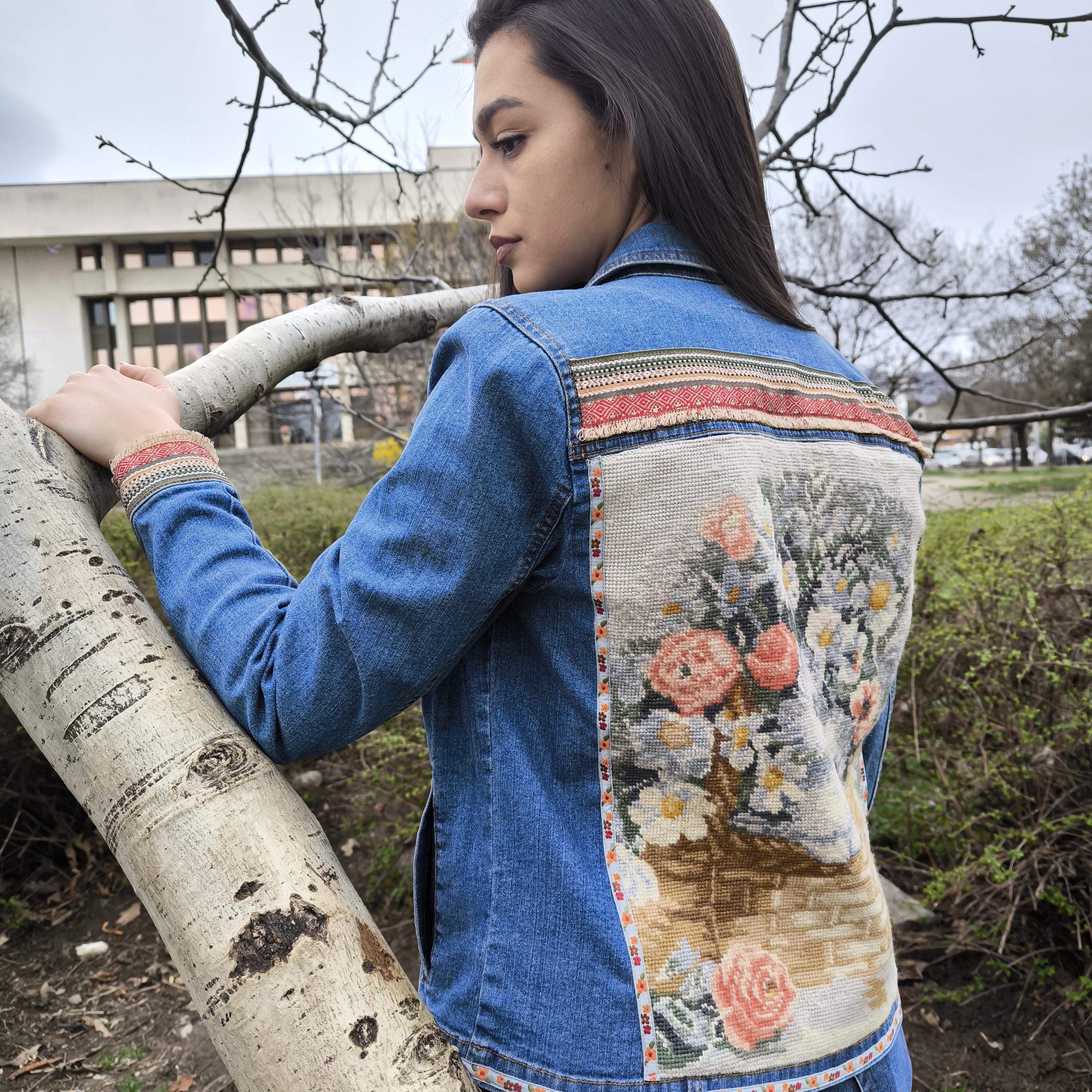 Upcycled Denim Jacket: Vintage Tapestry Embroidery, Boho Patchwork Coat ...