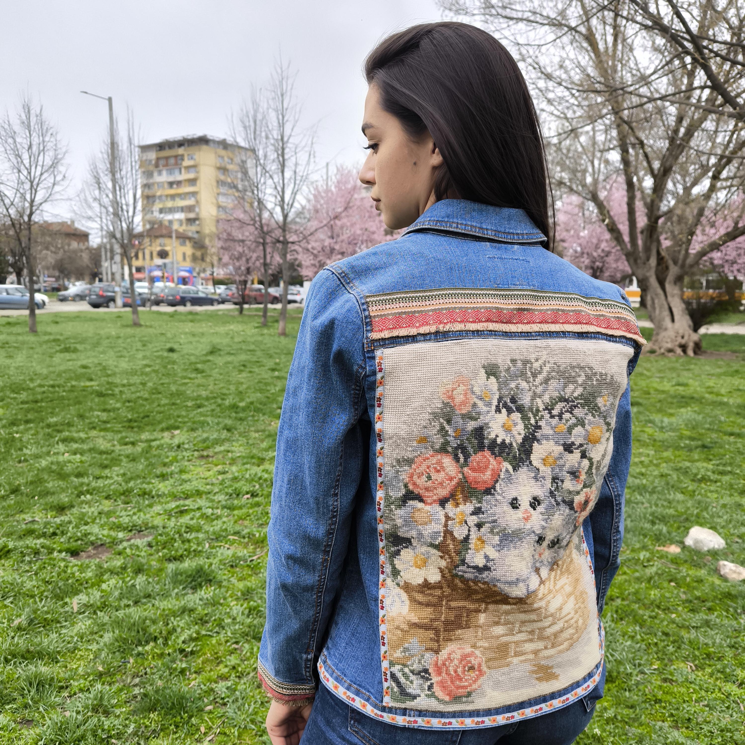 Upcycled Denim Jacket: Vintage Tapestry Embroidery, Boho Patchwork Coat ...