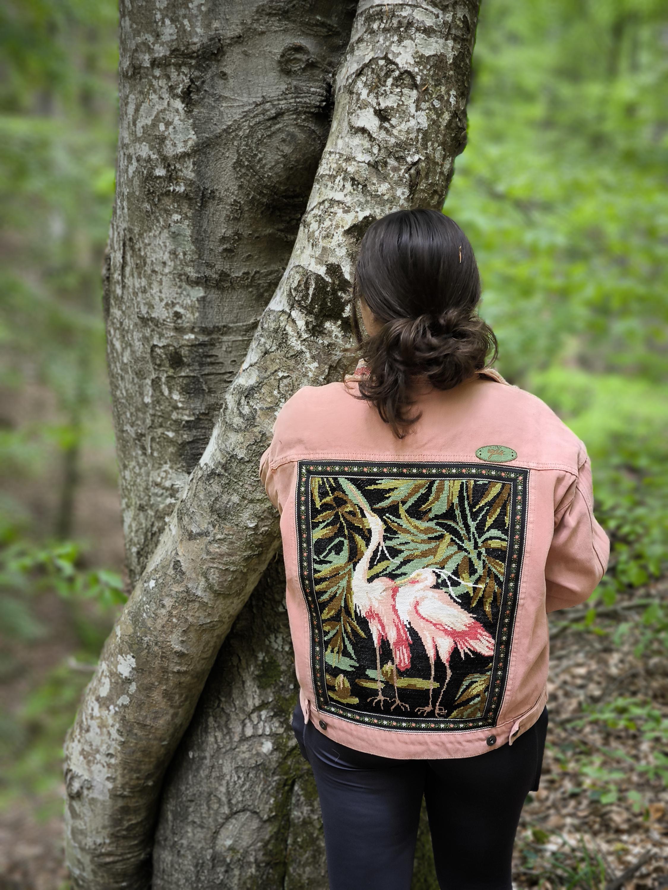 Plus Size Upcycled Denim Jacket: Vintage Flamingo Tapestry Embroidery ...