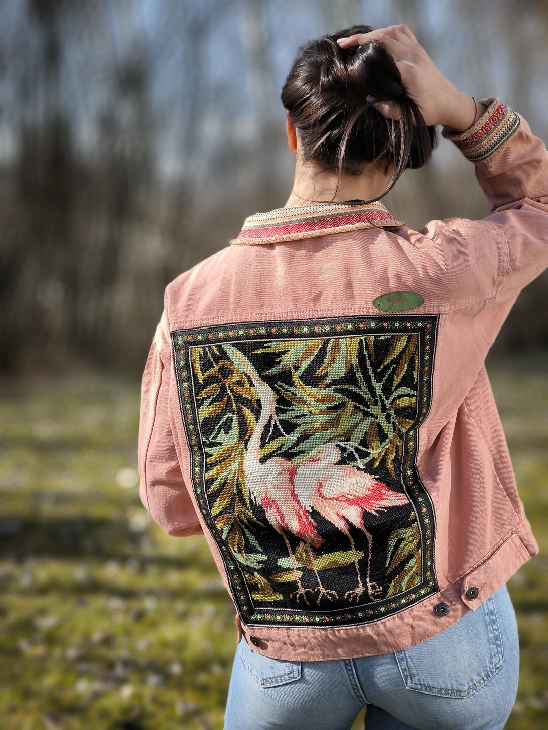 Embroidered Denim Jacket: Upcycled Tapestry, Flamingo Design, Size 2XL ...