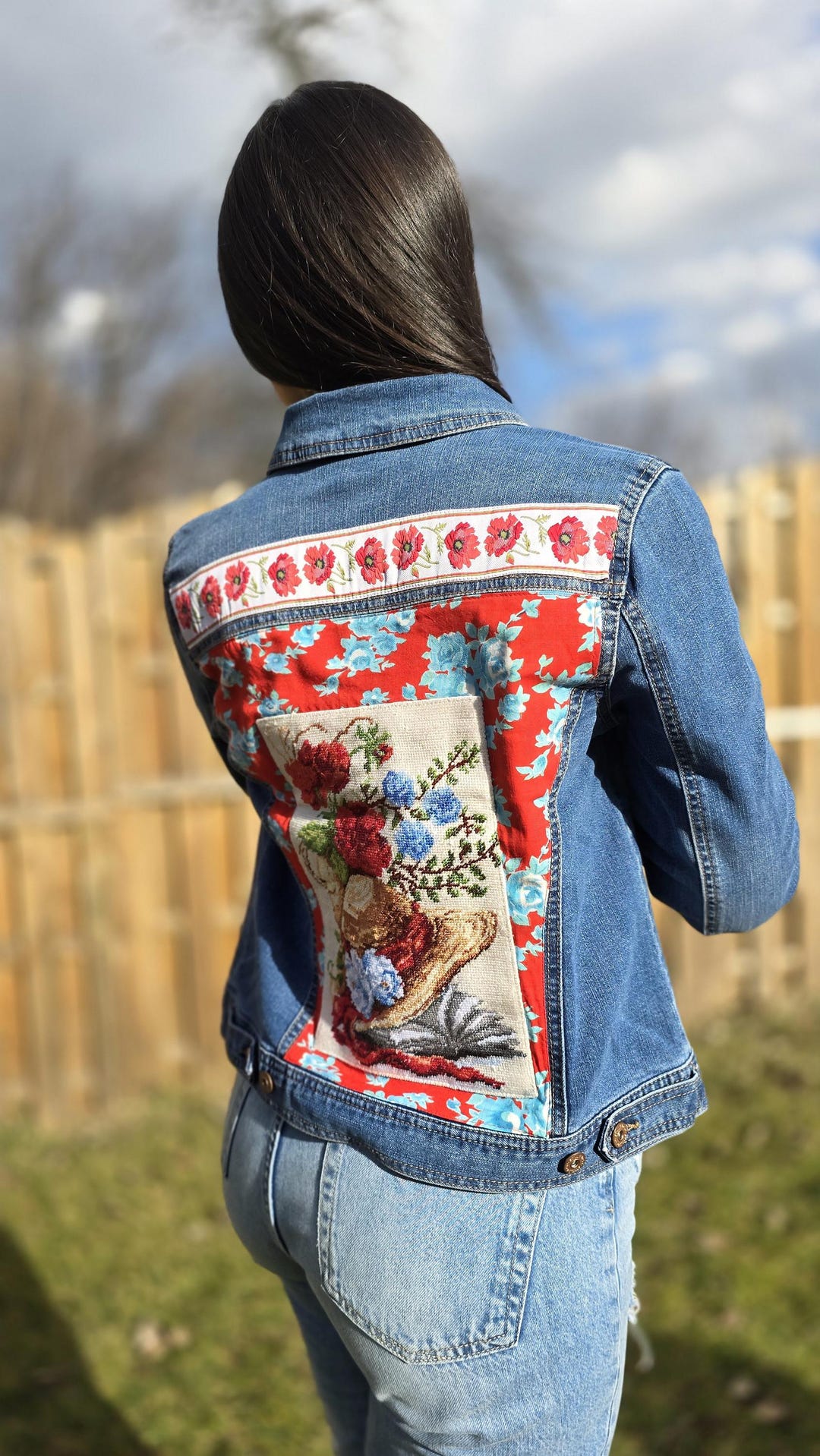 Women Denim Jacket With Back Embroidery, Sustainable Upcycled ...
