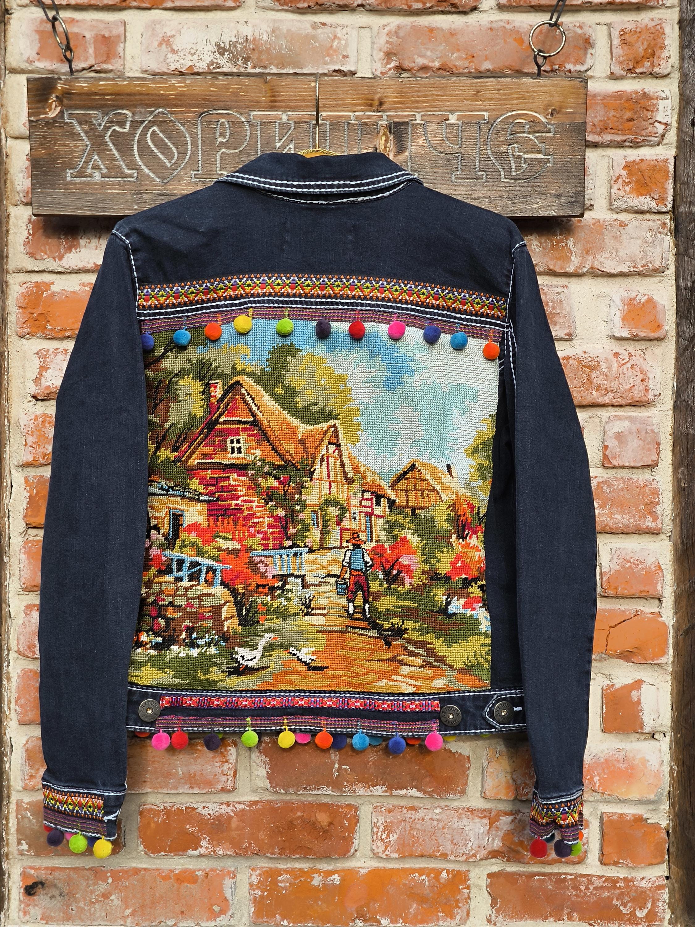 Upcycled Denim Jacket: Vintage Tapestry, Embroidered Patchwork, Boho ...