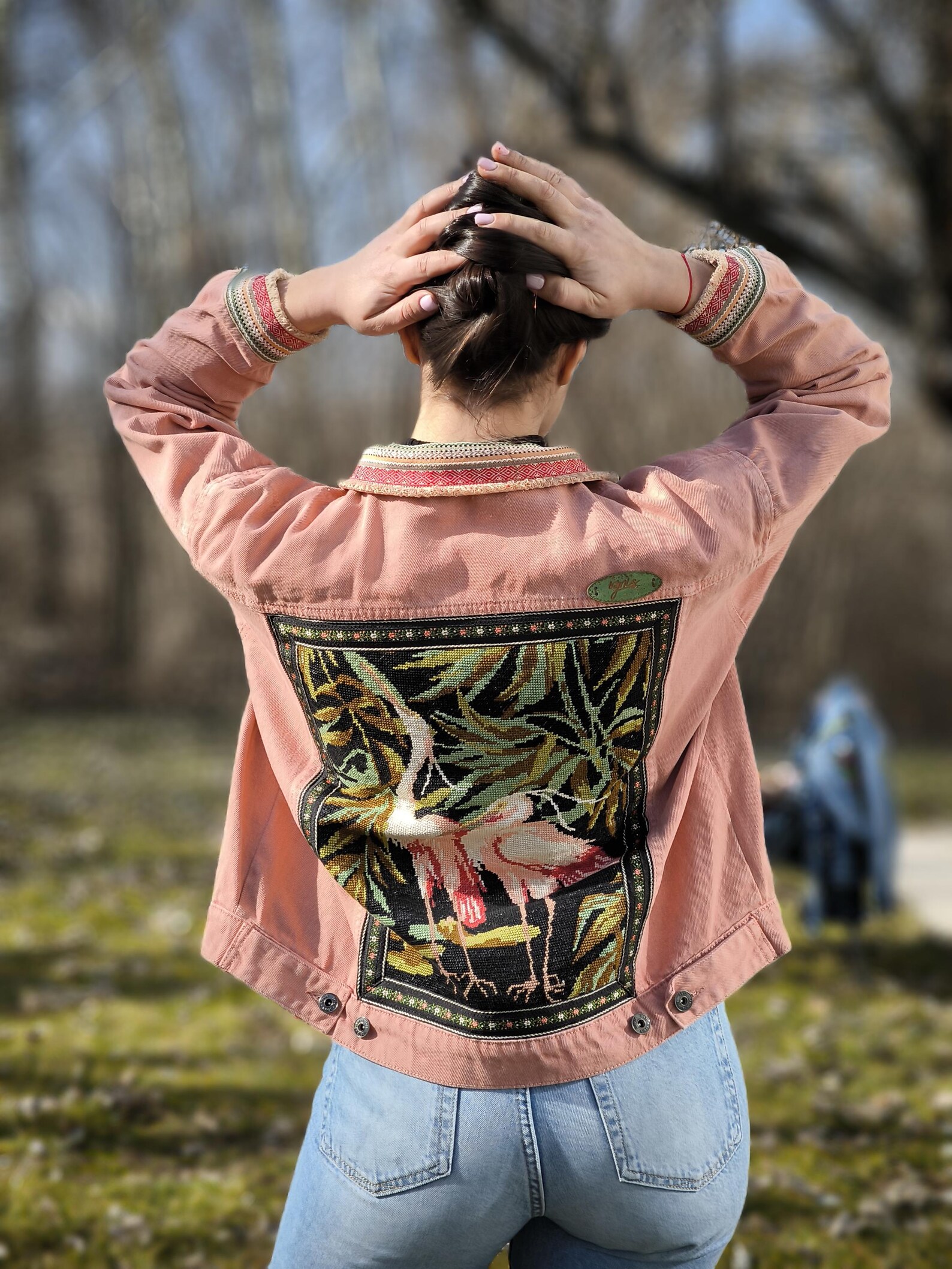 Embroidered Denim Jacket: Upcycled Tapestry, Flamingo Design, Size 2XL ...