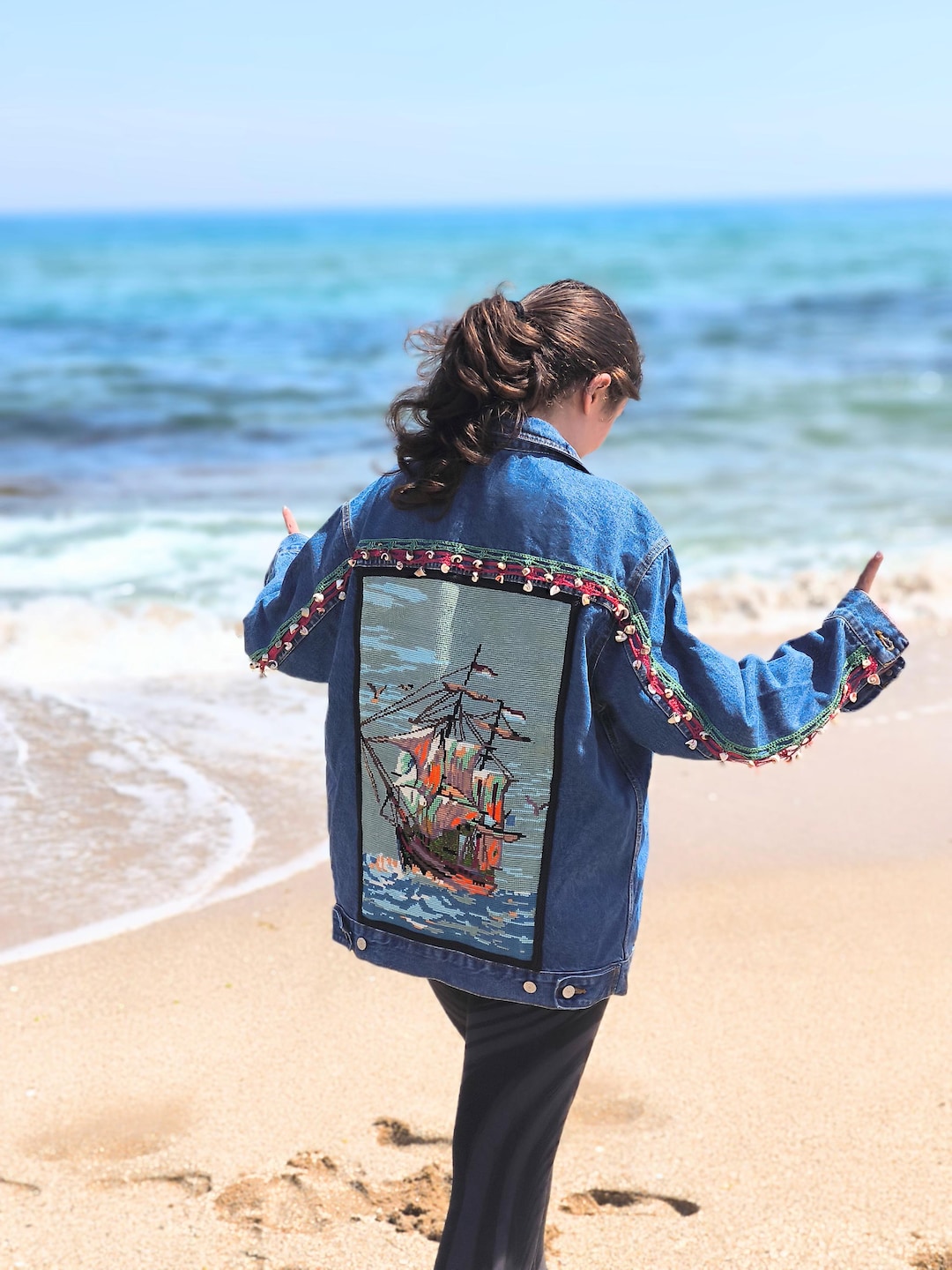 Denim Jacket, Jean Jacket With Back Embroidery, Sustainable Upcycled ...