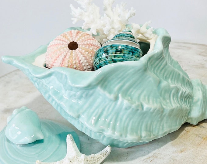 Ceramic Aqua Shell With Sea Life - Seashells-coral-starfish-beach Decor ...