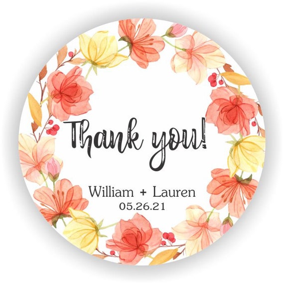 Thank You Floral Wreath Favor Stickers Watercolor Floral | Etsy