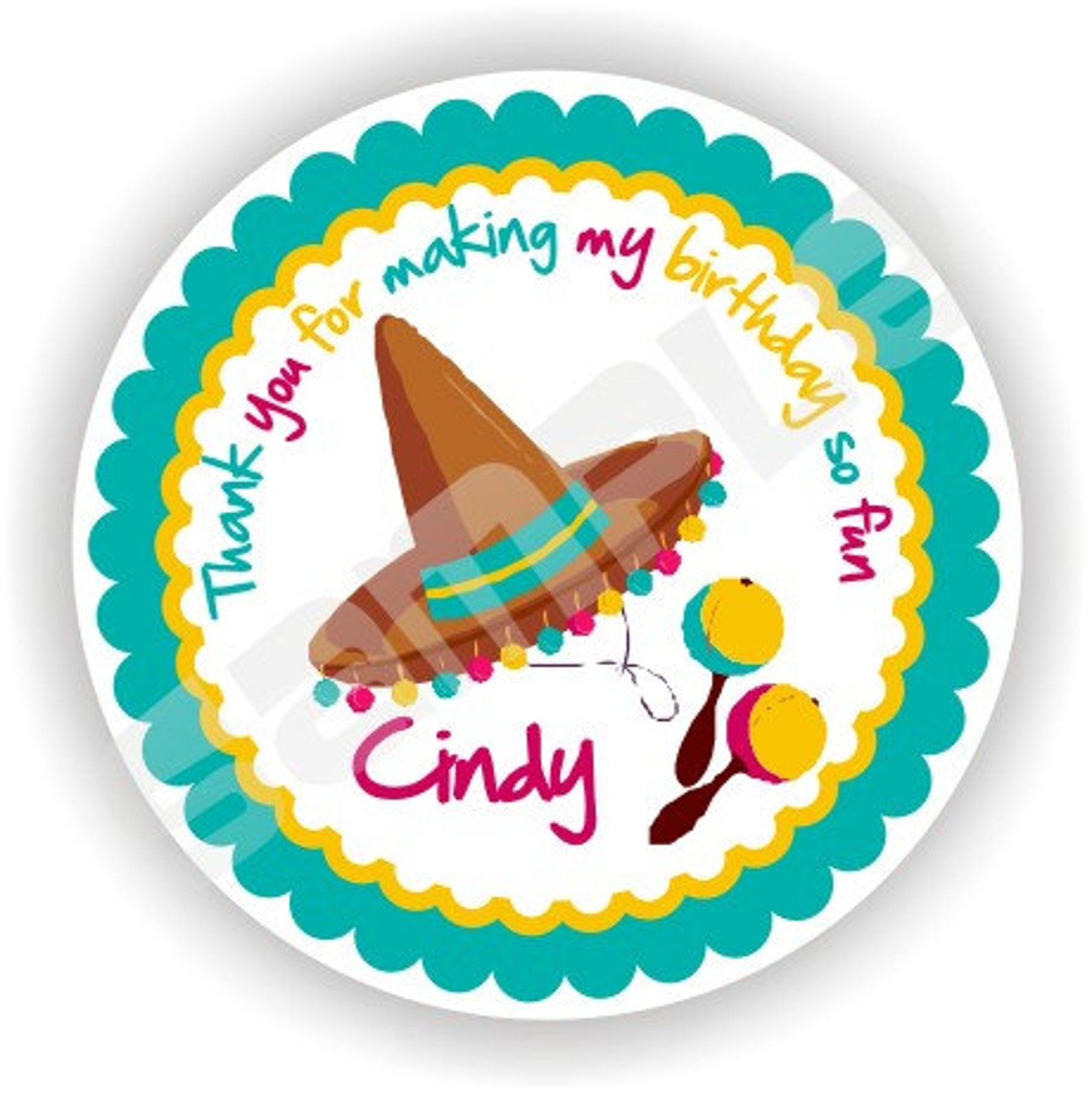 Fiesta Labels - Thank You 2inch Circle Stickers - Birthday Favor Labels ...