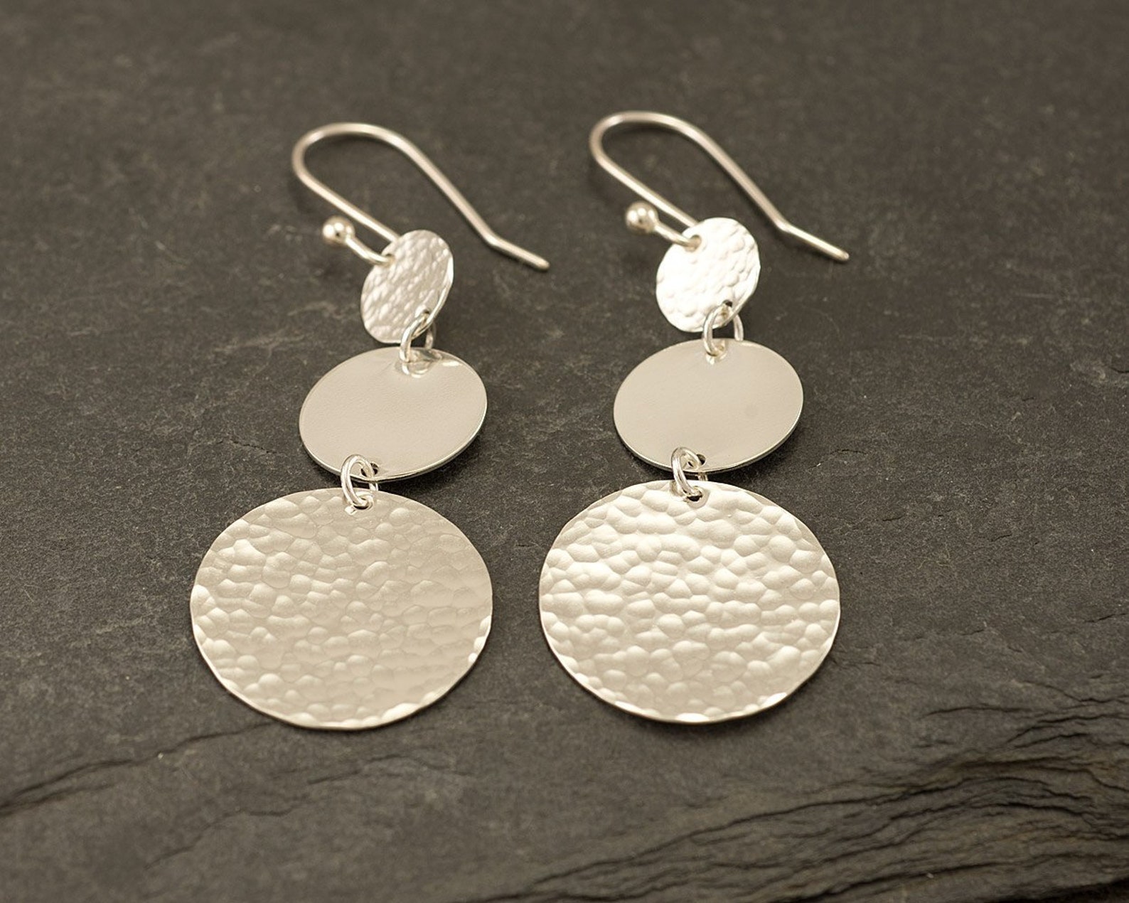 Hammered Sterling Silver Disc Earrings – Long Dangle Drop Design - Etsy