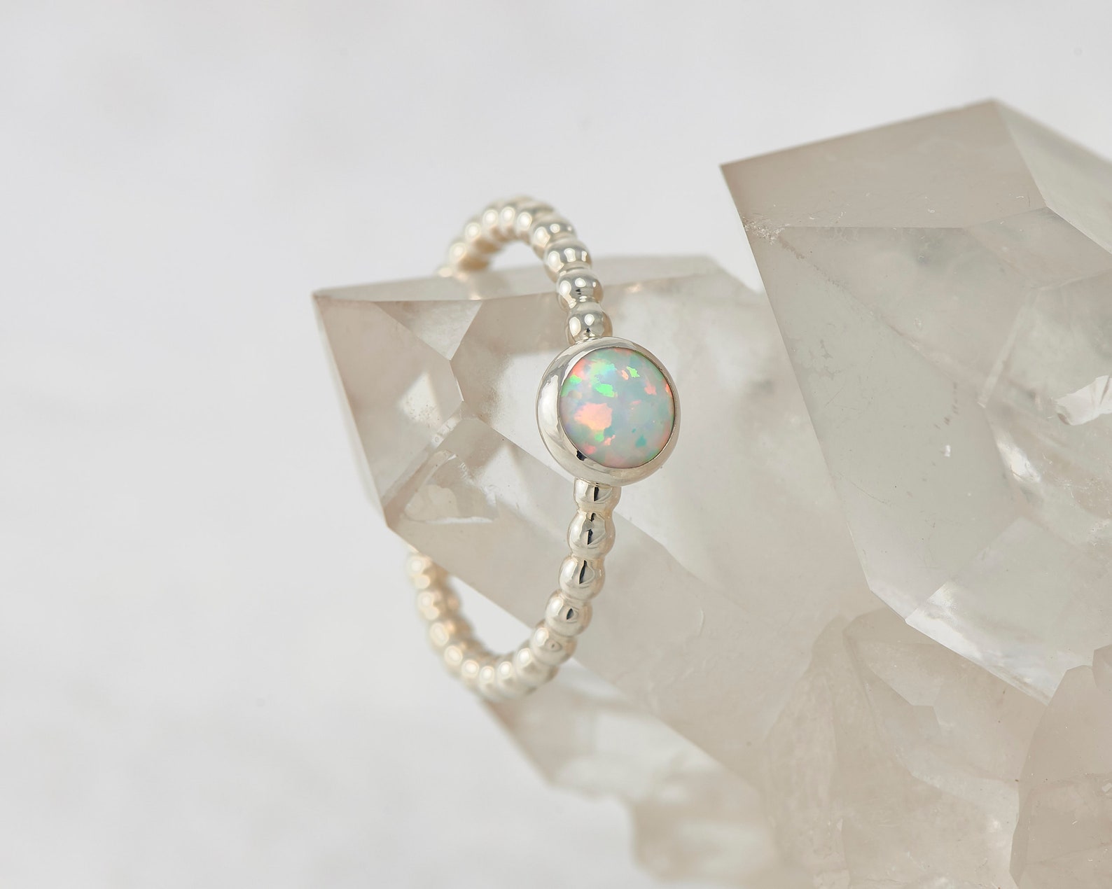 Opal Ring- Silver Opal Ring- Modern Opal Ring With Dotted Pattern Band- Sterling Silver Ring ...