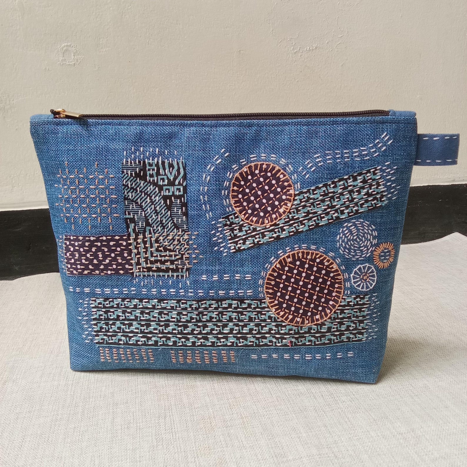Cosmetic Pouch, Hand Embroidered Pouch, Boro Sashiko Pouch, Patchwork ...
