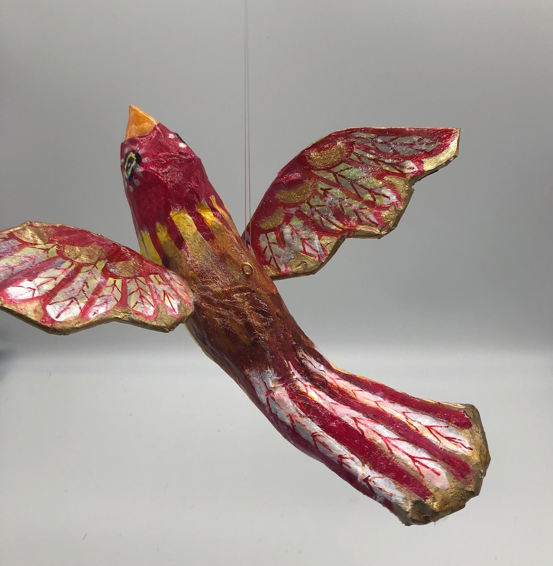 Paper Mache Folk Art Bird Handmade Red Flying Bird Sculpture One of a ...