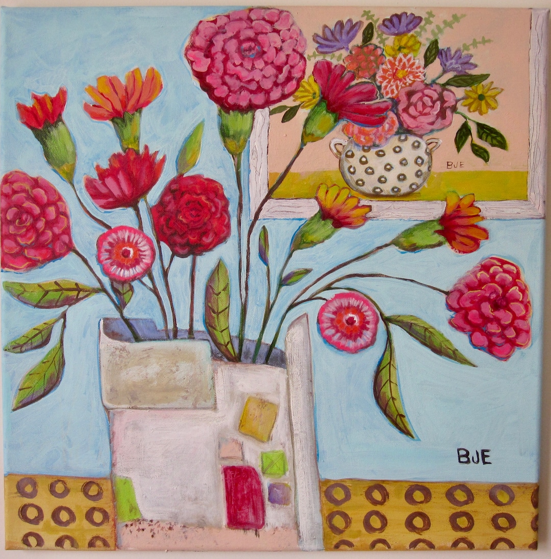 Flower Folk Art Painting Red Carnations Bouquet Still Life Floral Wall ...