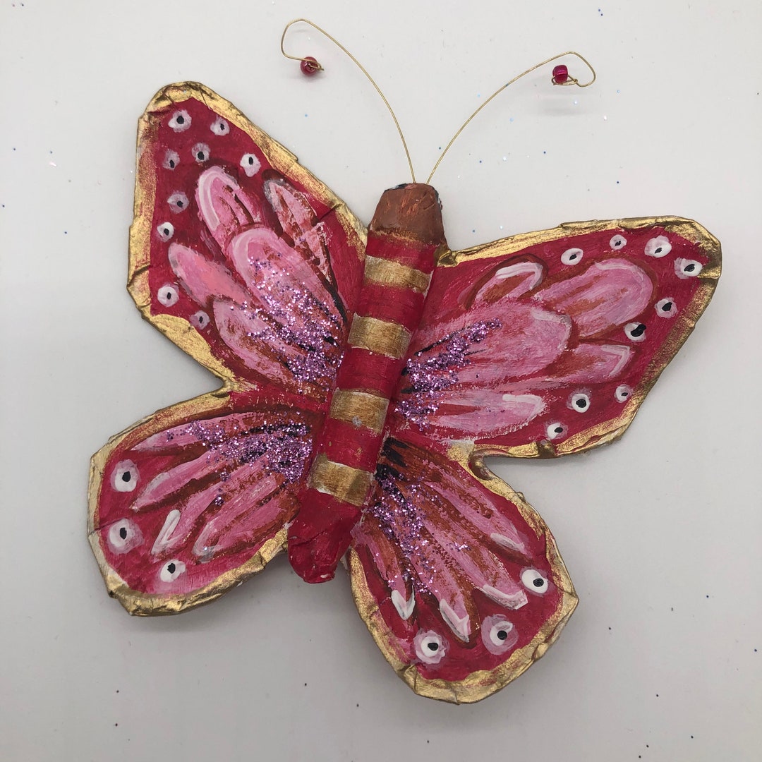 Paper Mache Butterfly Ornament Handmade Folk Art Sculpture Hand Painted ...