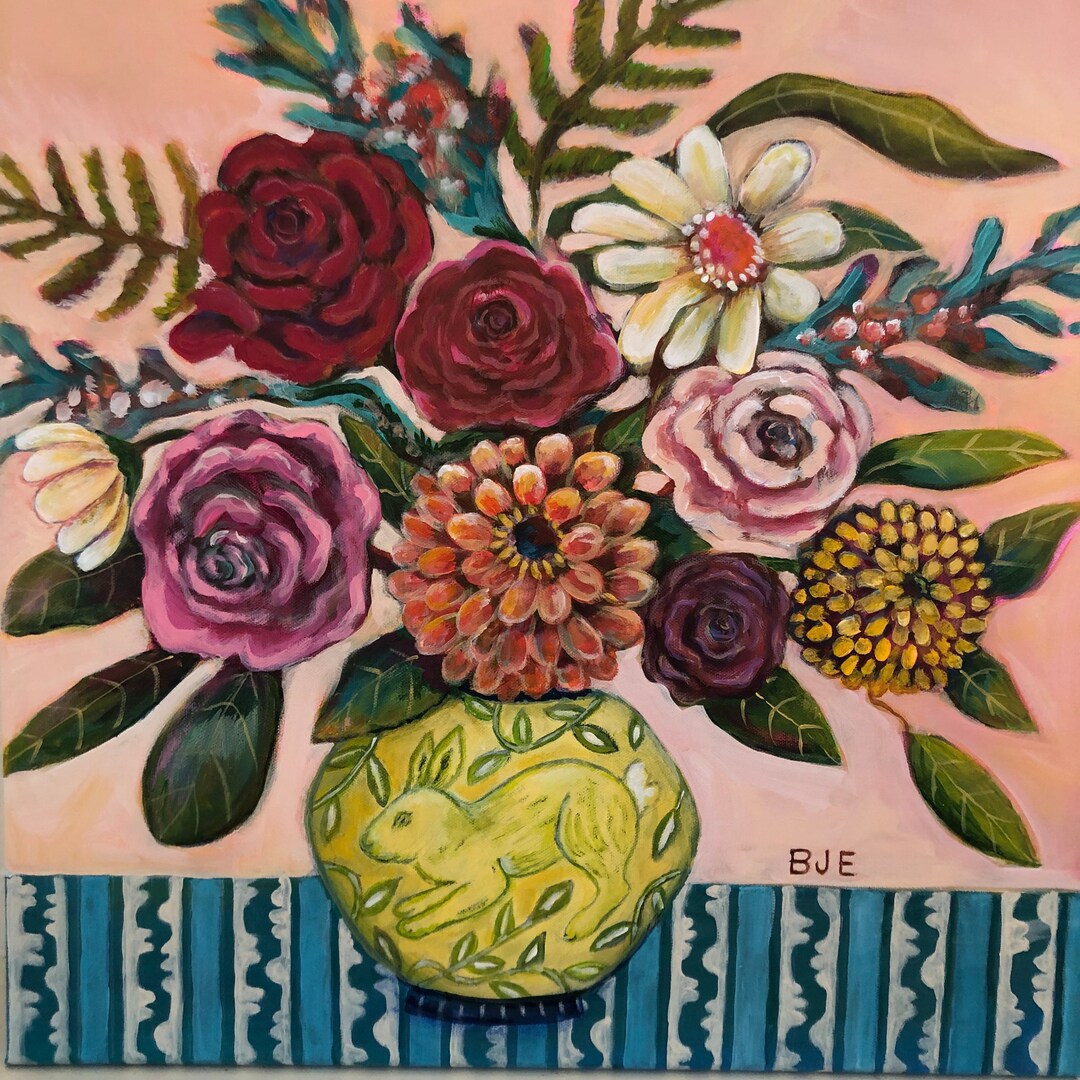 Flower Bouquet in Vase Original Acrylic Folk Art Painting on Canvas ...