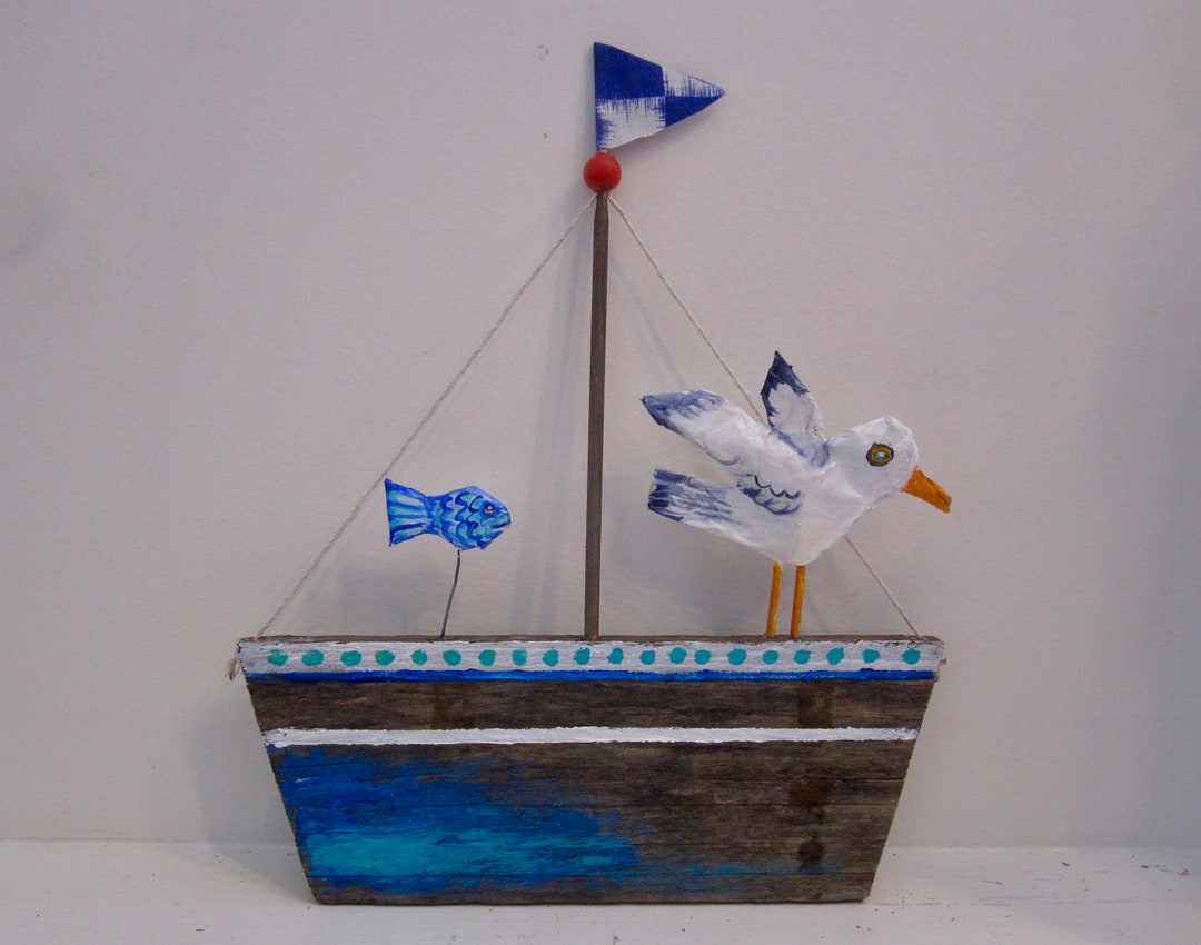 Bird, Fish and Boat, Paper Mache Nautical Whimsey, Handmade Folk Art ...
