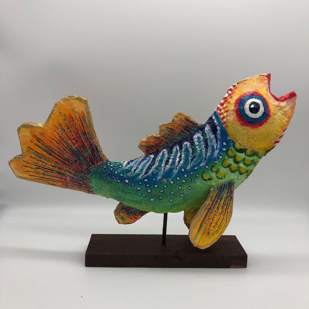 Folk Art Handmade Paper Mache Fish Sculpture Acylic Hand Painted - Etsy