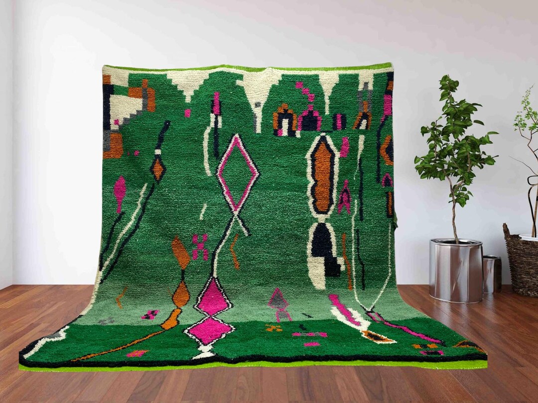 Moroccan Custom Rugs, Green and Pink Rug, Green Wool Rug 8x10, Abstract ...