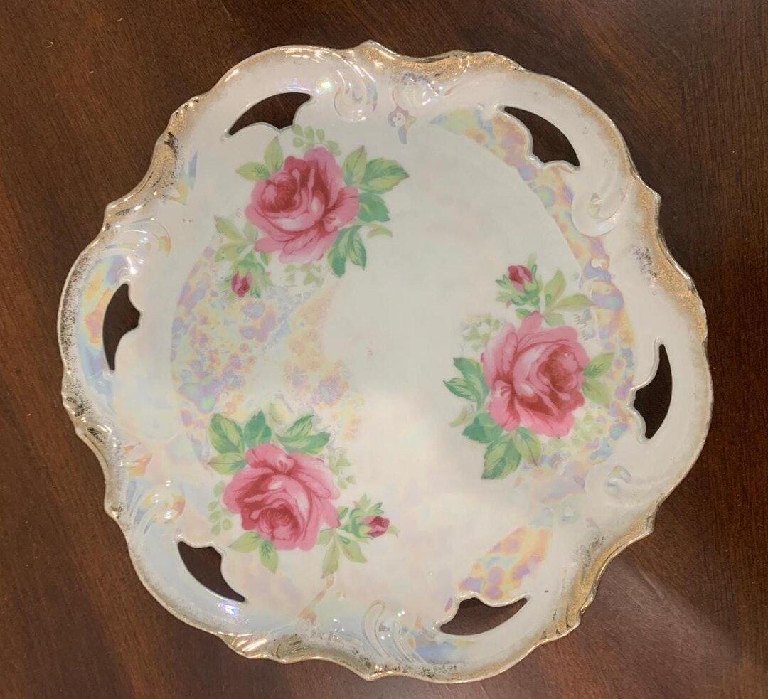 Vintage Pink Roses Plate: Gold Trim Luster Finish, Pierced Serving Bowl ...