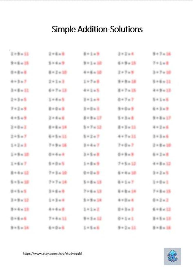 Simple Addition Worksheet With Solutions - Etsy