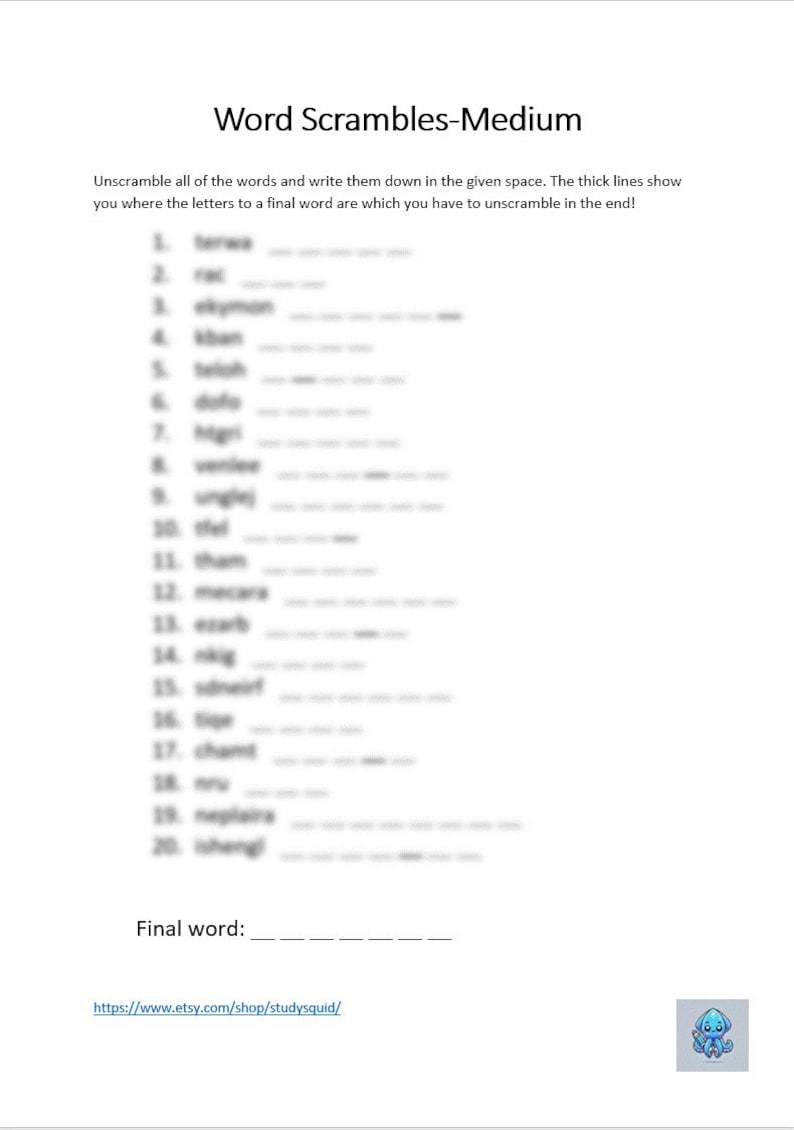 Word Scrambles Medium With Solutions - Etsy