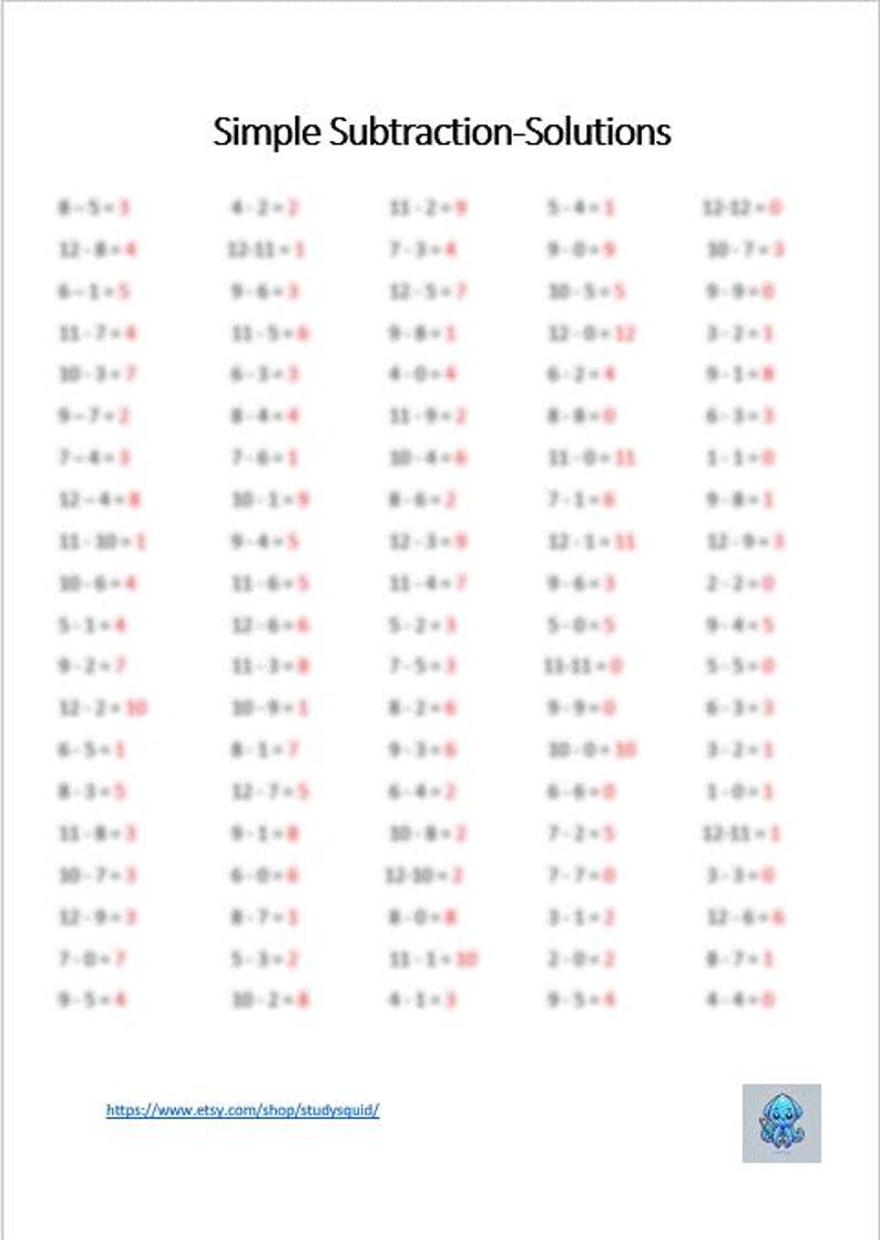 Simple Subtraction Worksheet With Solutions - Etsy
