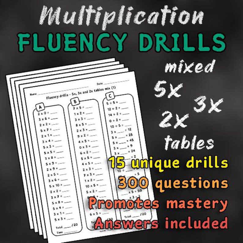 Times Table Fluency Drills Worksheets for 5x, 3x and 2x Tables ...