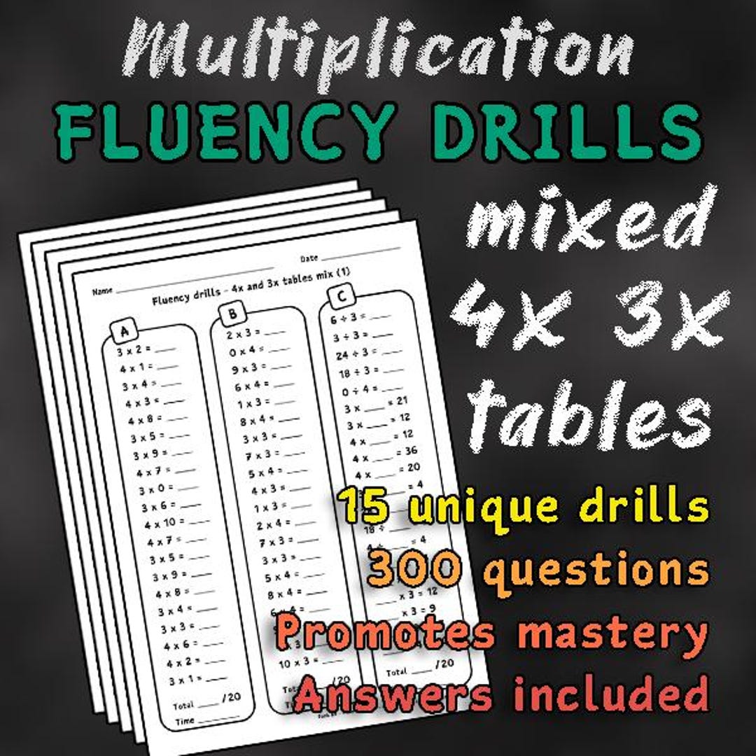 Times Table Fluency Drills Worksheets for 4x and 3x Tables. Suitable ...