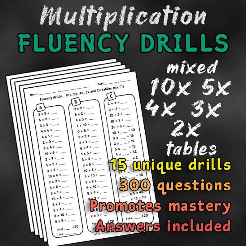 Times Table Fluency Drills Worksheets for 10x, 5x, 4x, 3x and 2x Tables ...
