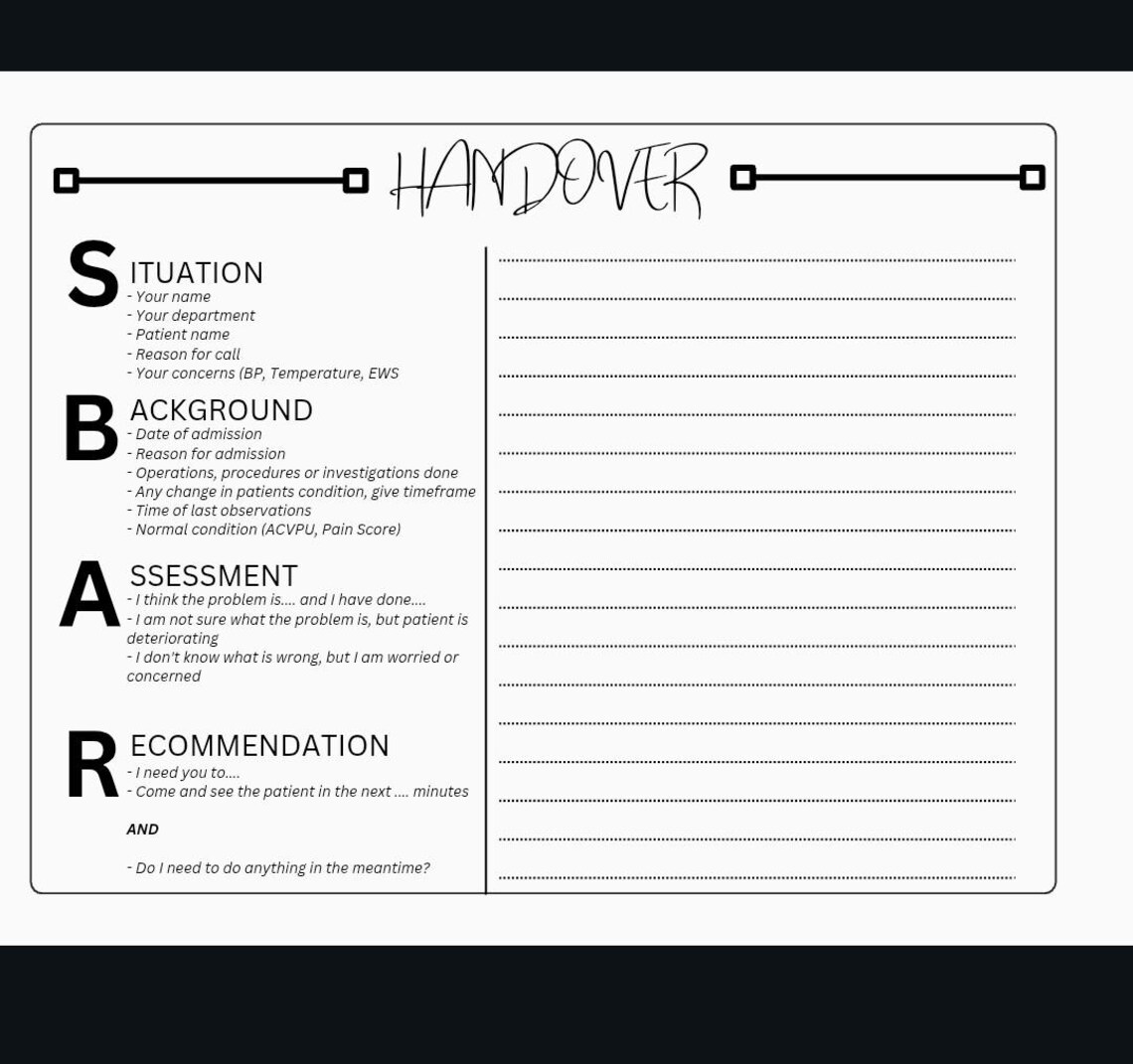 SBAR Nursing Handover Note Card - Etsy