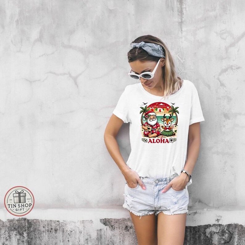 Aloha, Santa and a Reindeer on the Beach Digital Download, Shirt Design ...