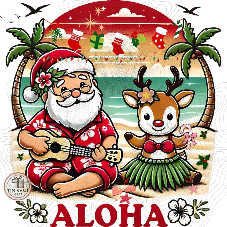 Aloha, Santa and a Reindeer on the Beach Digital Download, Shirt Design ...