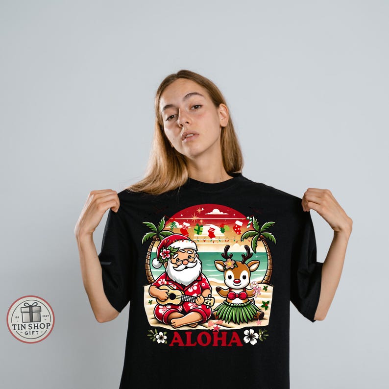 Aloha, Santa and a Reindeer on the Beach Digital Download, Shirt Design ...