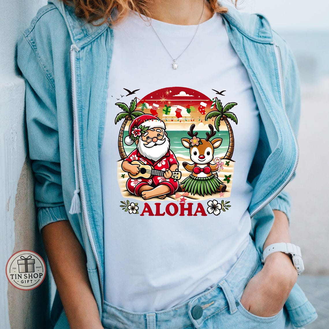 Aloha, Santa and a Reindeer on the Beach Digital Download, Shirt Design ...