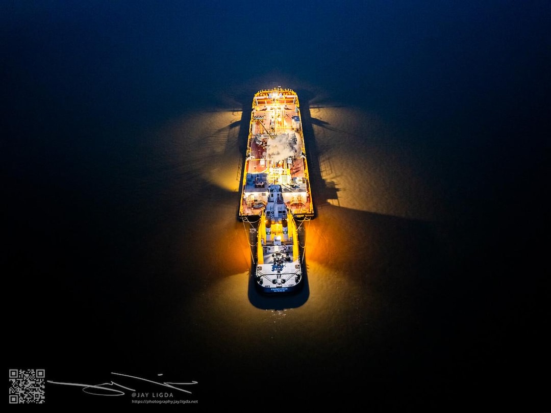 Lit up Barge at Night — Barge and Tug - Etsy