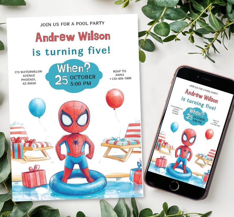 Spiderman Pool Party Birthday Invitation, Printable Spider-man Template ...