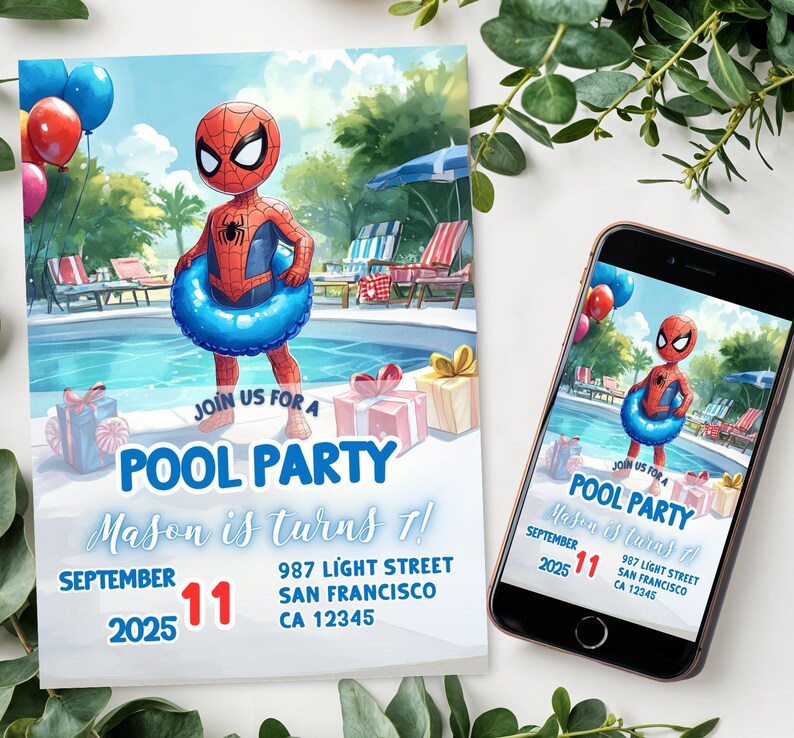 Spiderman Pool Party Birthday Invitation, Printable Spider-man Template ...